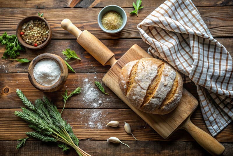 Overhead View of a Rustic Kitchen Table with Fresh Bread and Vegetables ...