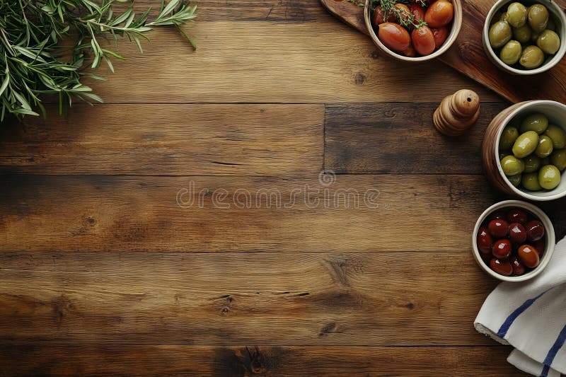 Overhead View of a Rustic Kitchen Table with Pickled Olives in Olive ...