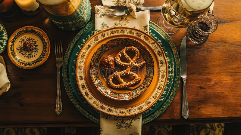 Overhead View of a Rustic Table Setting with Pretzels, a Small Pastry ...