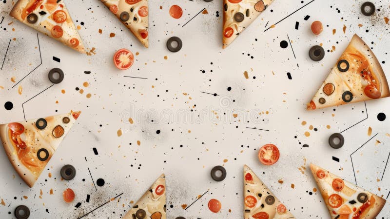 Overhead View of Scattered Pizza Slices with Olives and Tomatoes on a ...