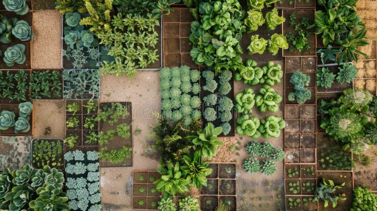 Overhead View of a Segmented Garden Plot Showcasing Plants for a Plant ...