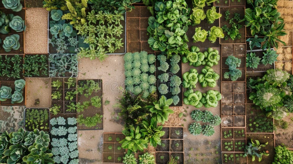 Overhead View of a Segmented Garden Plot Showcasing Plants for a Plant ...