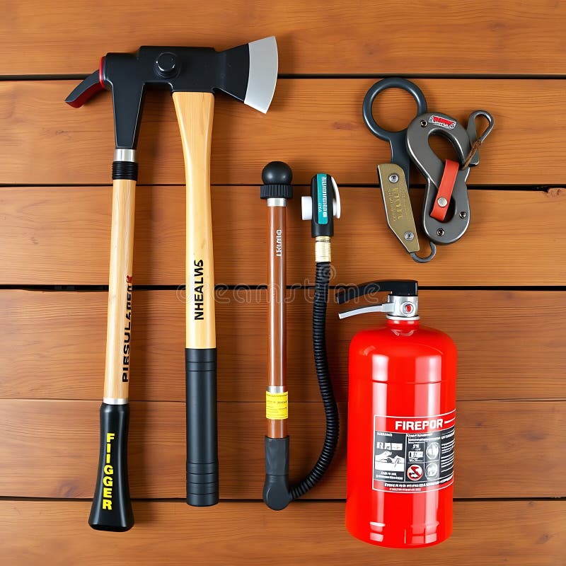 An Overhead View of a Set of Firefighter Tools Including an Axe Fire ...