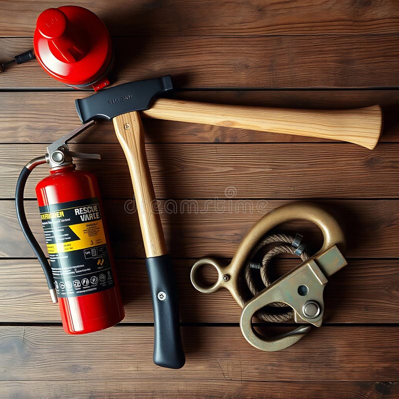 An Overhead View of a Set of Firefighter Tools Including an Axe Fire ...