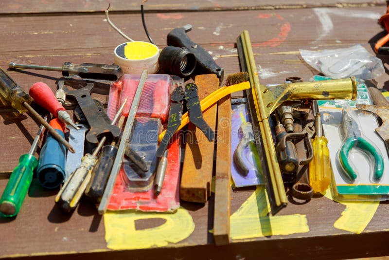 Overhead View of Set of Old Wood Working Tools, Tools on a Wooden Stock ...