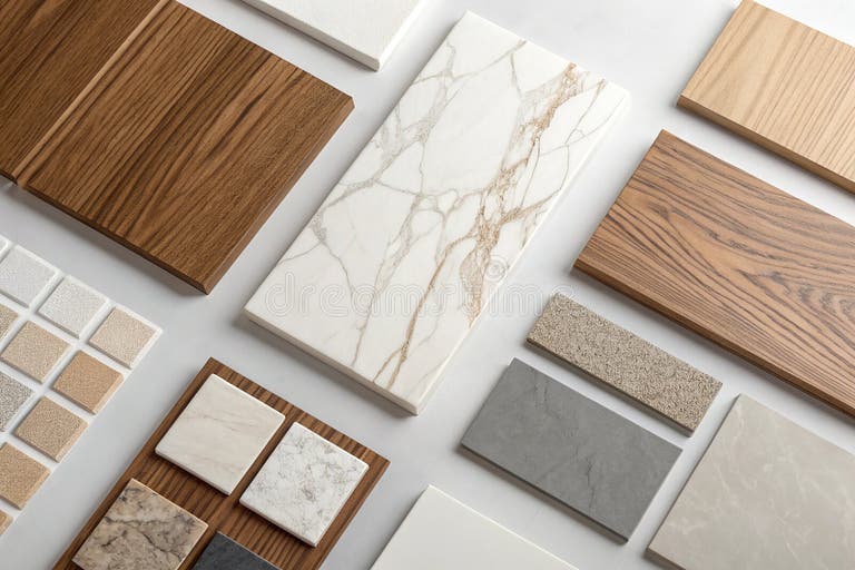 Variety of Interior Design Material Samples with Wood, Marble, and ...