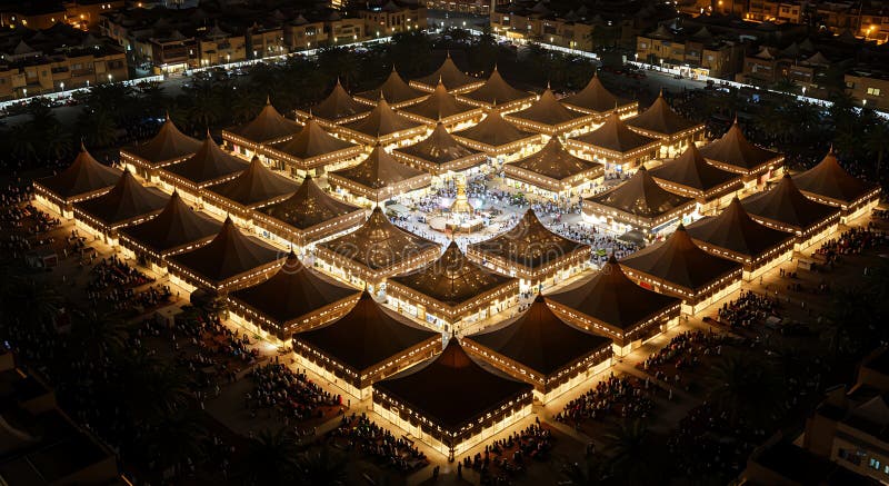 Generate by AI, Aerial View of Tent Structures Lit Up at Night ...