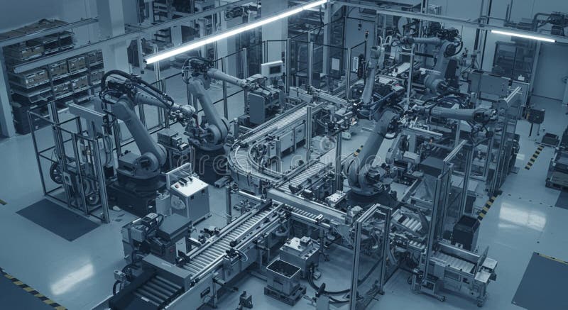 Automated Factory Assembly Line with Robotic Arms Stock Image - Image ...