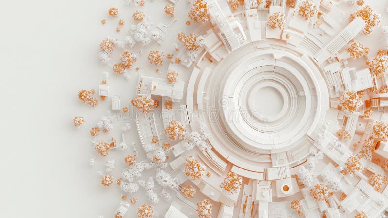 Overhead View Shows Circular City Design with White Buildings and ...