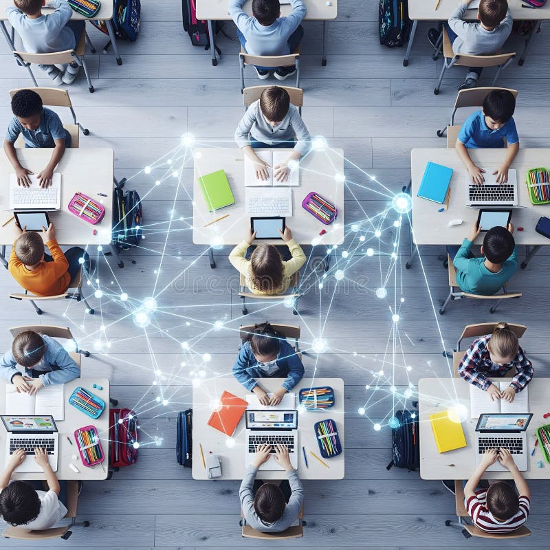 An Overhead View Shows Young Students at Desks with Laptops and Tablets ...