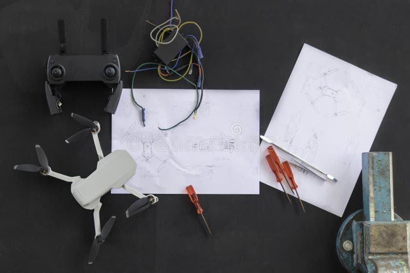 Overhead Top View of Small Quadcopter and Remote Controller with a ...