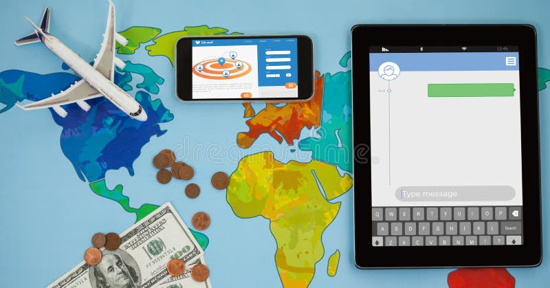 Overhead View of Smart Phone and Tablet Computer on World Map with ...