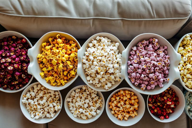 Overhead View of Sofa with Various Flavors of Popcorn Bowls Stock Image ...
