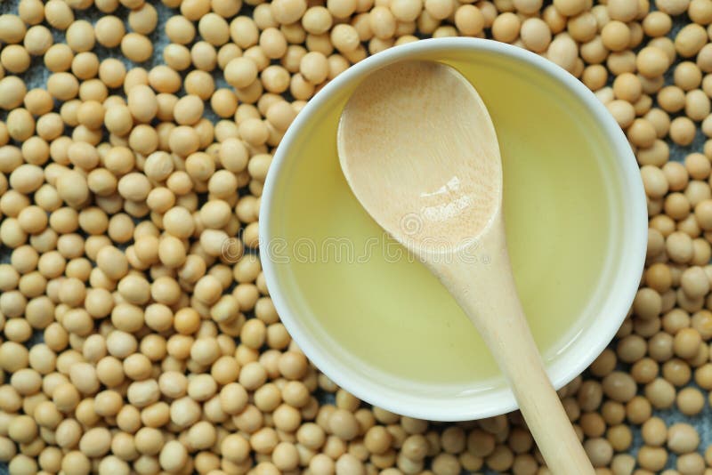 Overhead View of Soy Beans and Oil on Table Stock Image - Image of ...
