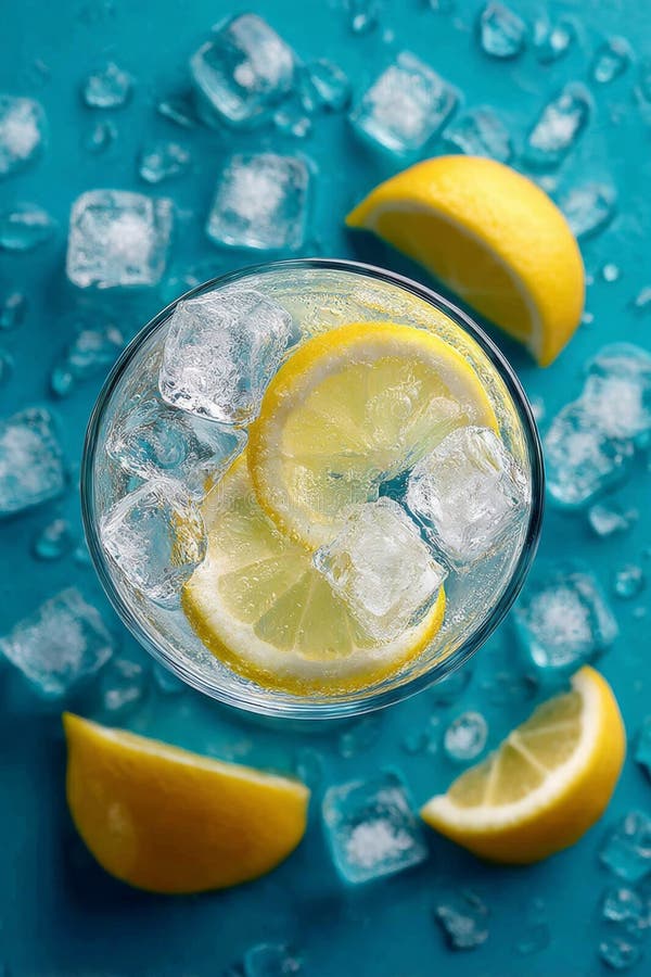 Overhead View of Sparkling Lemon Water with Ice Cubes on Blue ...