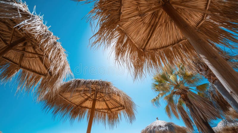 Overhead View of Straw Umbrellas and Palm Trees Stock Illustration ...
