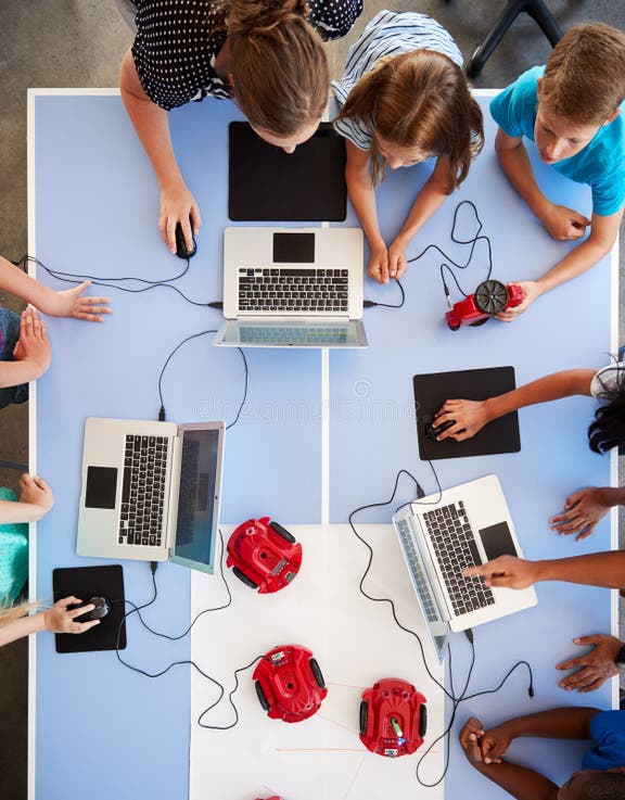 Overhead View of Students in after School Computer Coding Class ...