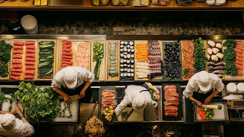 Overhead View of Sushi Rolling Station, Fresh Fish and Vegetables ...