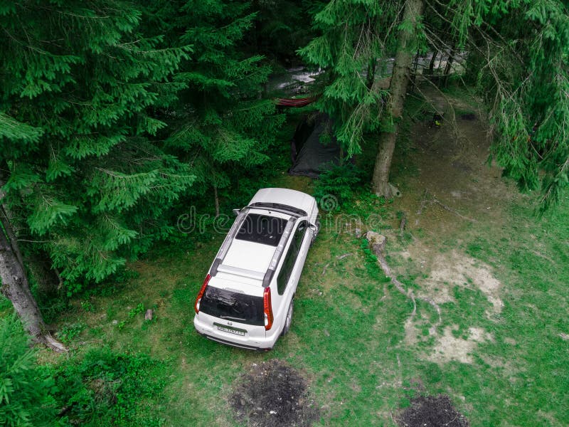 Overhead View of the Suv Car in Forest Camping Site Stock Photo - Image ...
