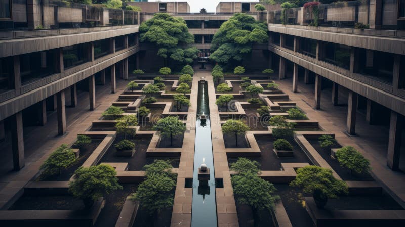 An Overhead View of a Symmetrical Brutalist Courtyard Stock ...