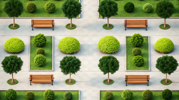 Overhead View of Symmetrical Park Design with Benches and Trees Stock ...