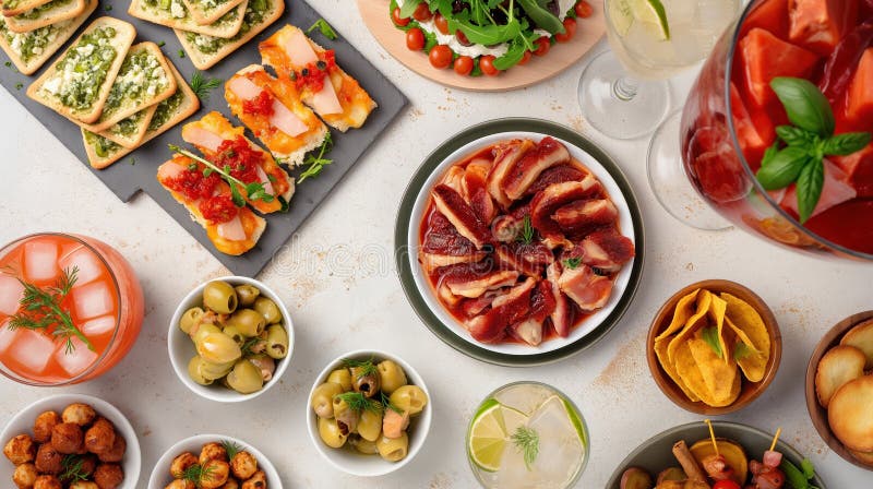 Overhead View of a Table with an Assortment of Tapas and Fresh Sangria ...