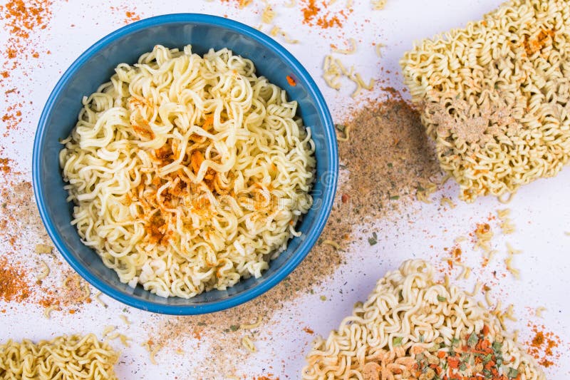 Overhead View of a Table with Bowls of Steaming Instant Noodles Against ...