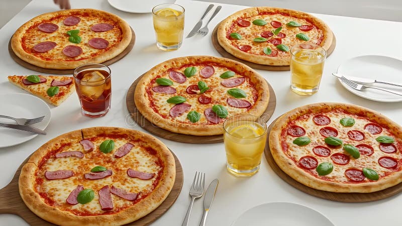 Overhead View of Table Displaying Salami Pizzas with Basil Lemonade ...