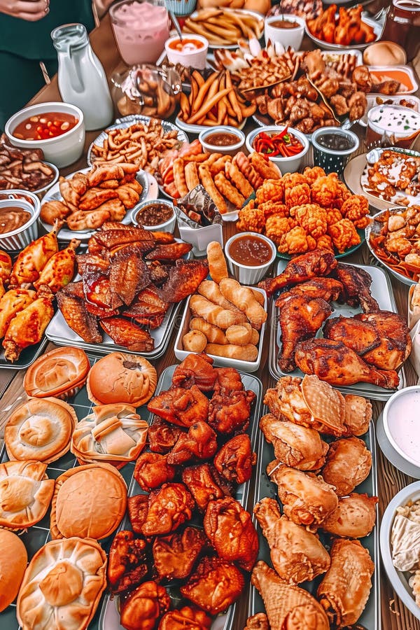 Overhead View of a Table Laden with an Assortment of Fried Chicken ...