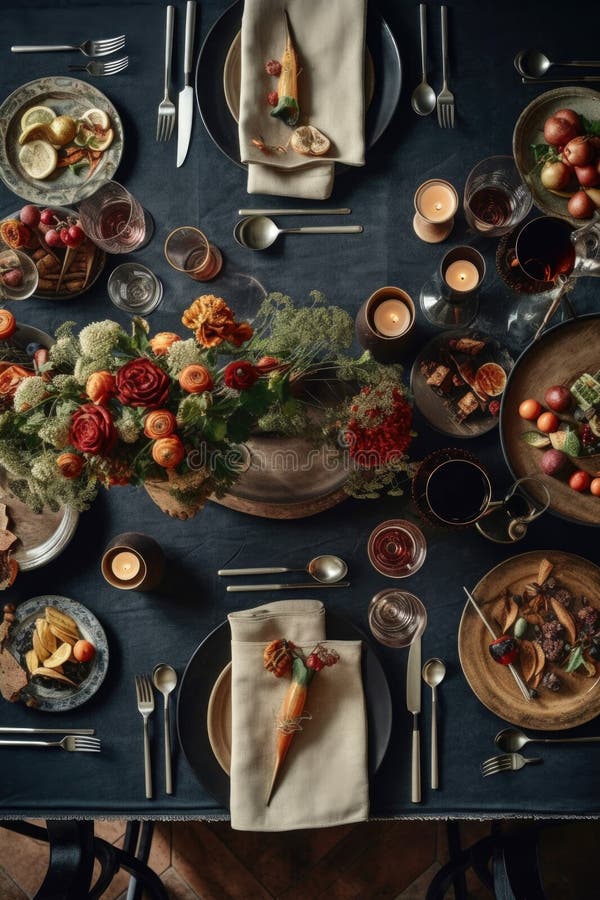 Overhead View of a Table Set for a Dinner Party Stock Illustration ...