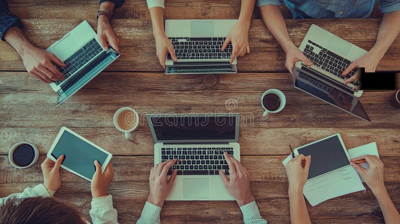 An Overhead View of a Team of People Working Together at a Wooden Table ...