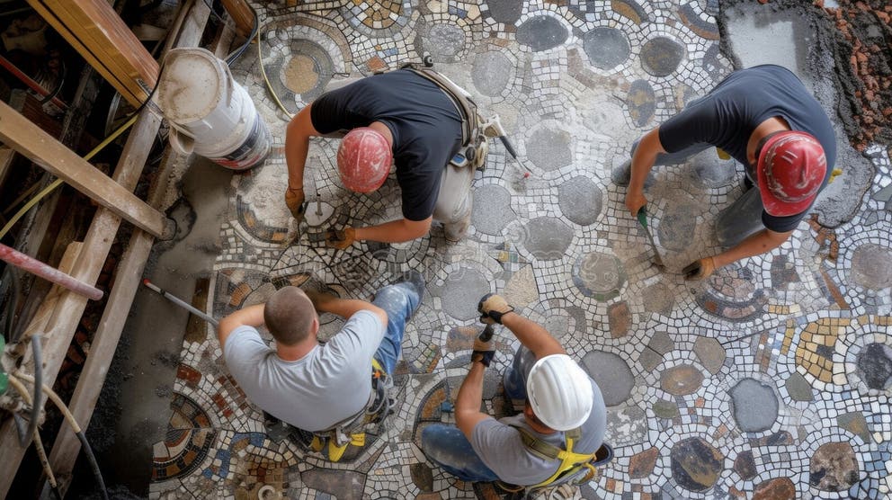 An Overhead View of a Team of Workers Using Specialized Tools To ...