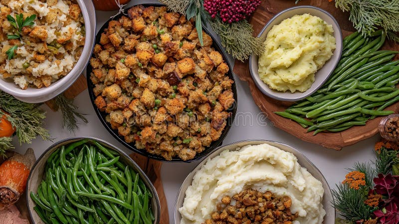 Overhead View of Thanksgiving Dinner Side Dishes Mashed Potatoes ...