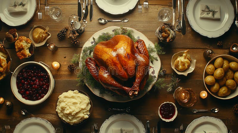 Overhead View of Thanksgiving Dinner Table Setting Stock Illustration ...