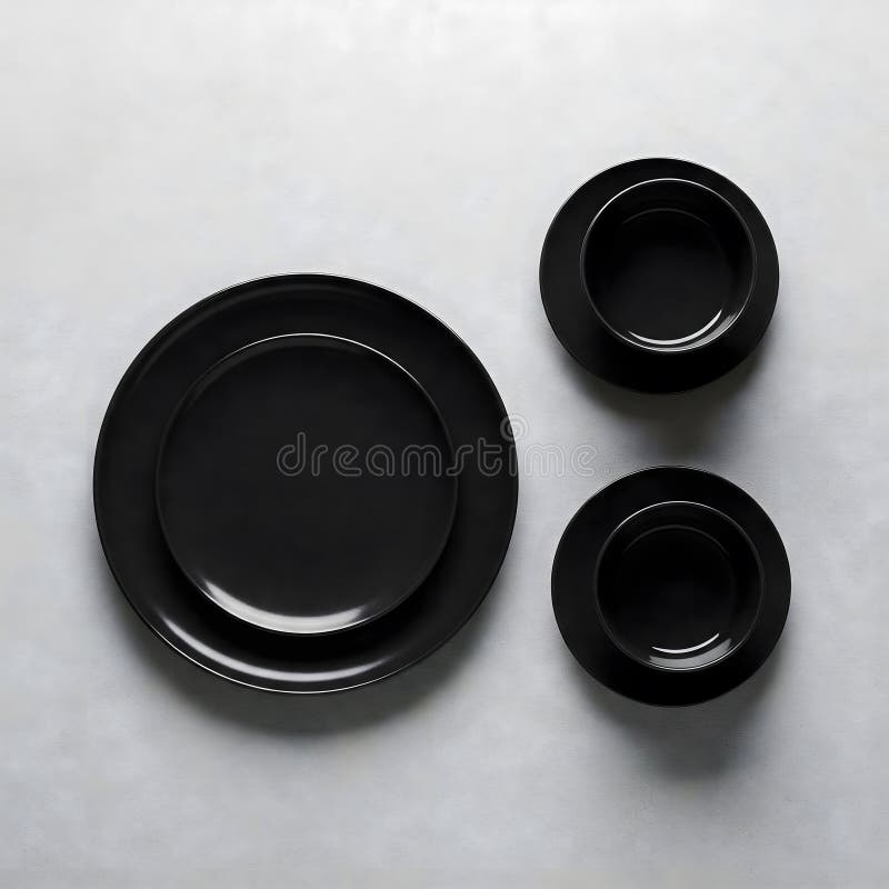 Overhead View of Three Black Plates and a Bowl on a Neutral Surface ...