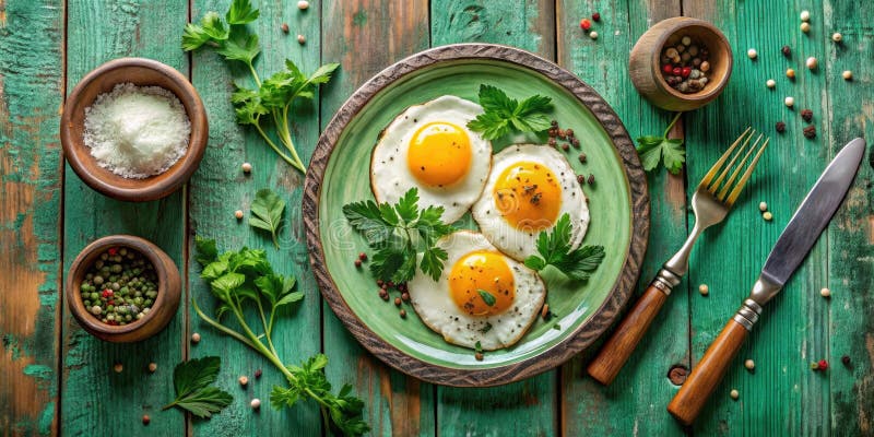 Overhead View of Three Fried Eggs on a Rustic Green Plate with Fresh ...