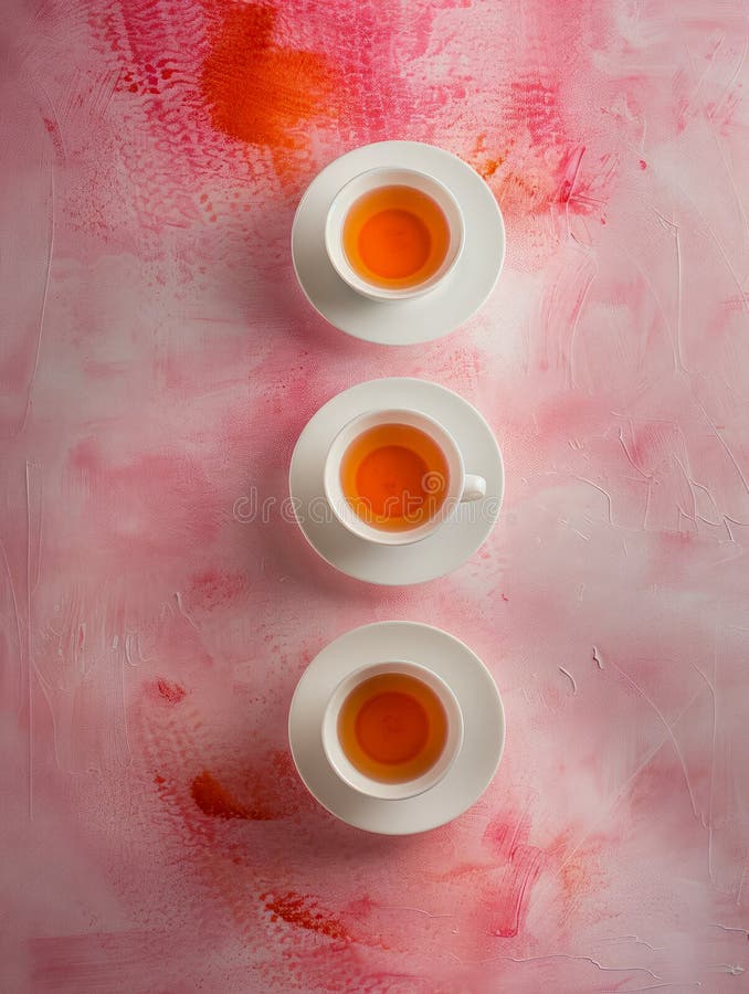 Overhead View of Three White Cups with Orange Liquid on Abstract Pink ...