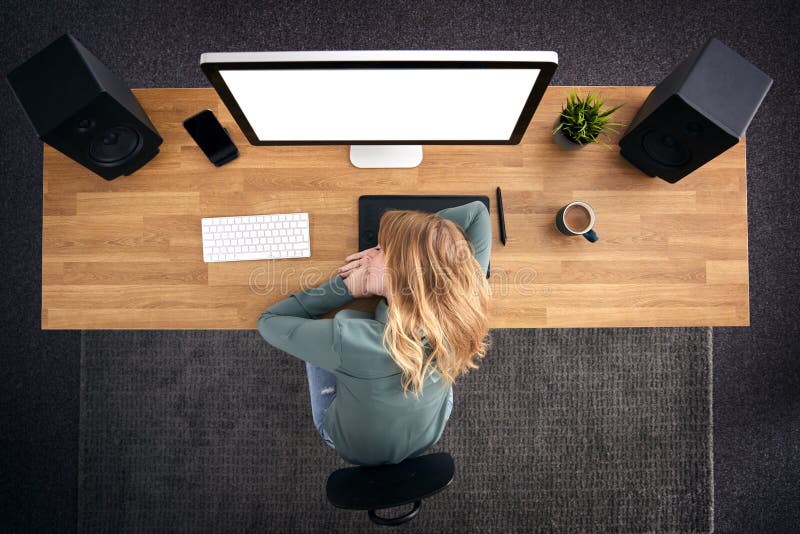 Overhead View of Tired Female Graphic Designer at Computer Sleeping on ...