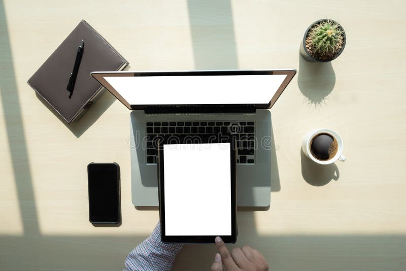 Overhead View Top View Man Working Desk Concept Stock Photo - Image of ...