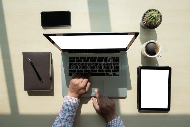Overhead View Top View Man Working Desk Concept Stock Photo - Image of ...