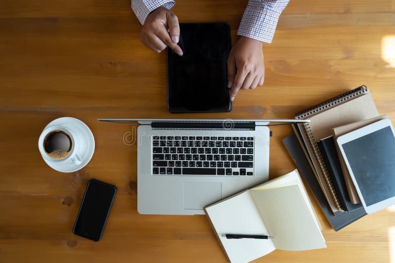 Overhead View Top View Man Working Desk Concept Stock Photo - Image of ...