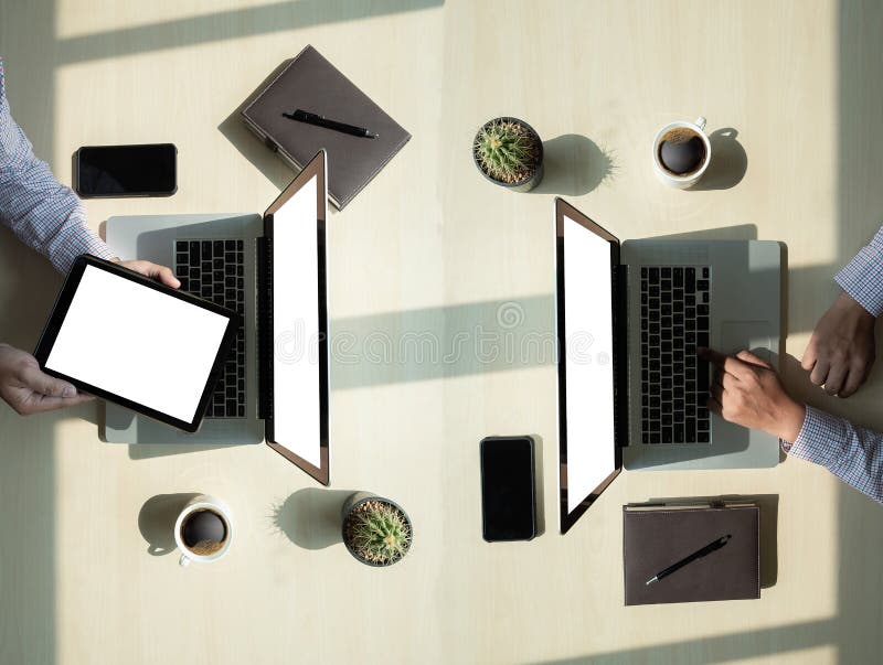 Overhead View Top View Man Working Desk Concept Stock Photo - Image of ...