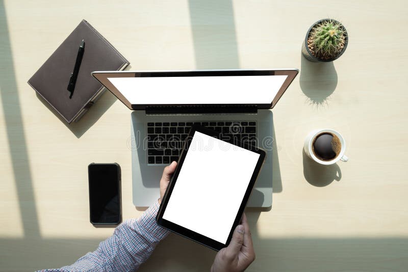 Overhead View Top View Man Working Desk Concept Stock Image - Image of ...