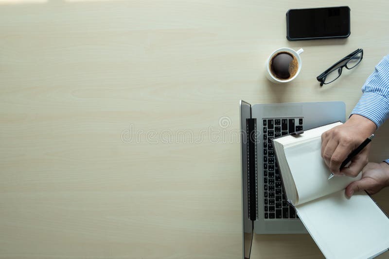 Overhead View Top View Man Working Desk Concept Stock Image - Image of ...