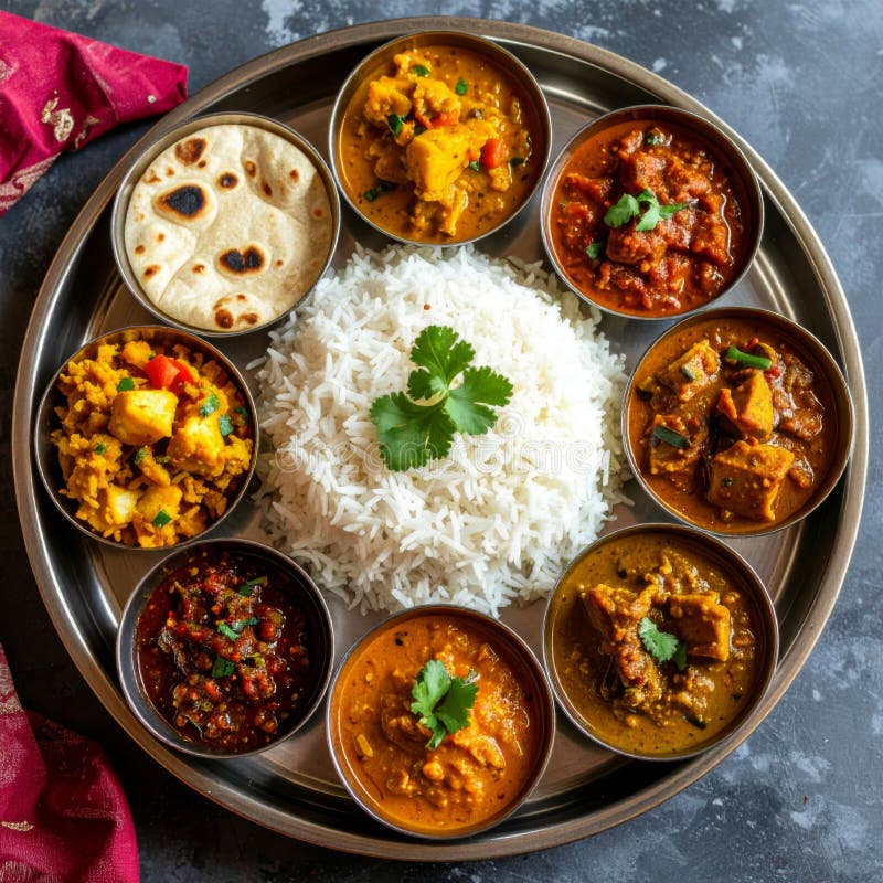 Overhead View of Traditional Indian Thali with Rice Curries and Roti ...