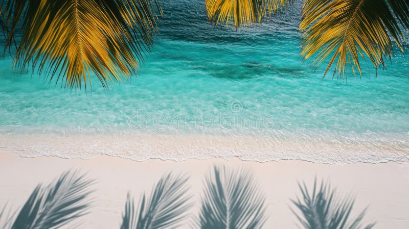 Overhead View of a Tropical Beach with Golden Palm Leaves Stock ...
