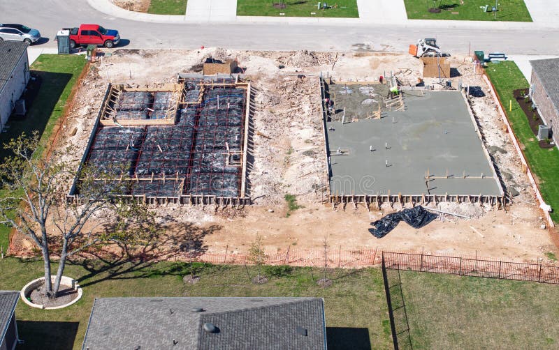 Overhead View of Two Construction Sites, One with a Concrete Slab Stock ...