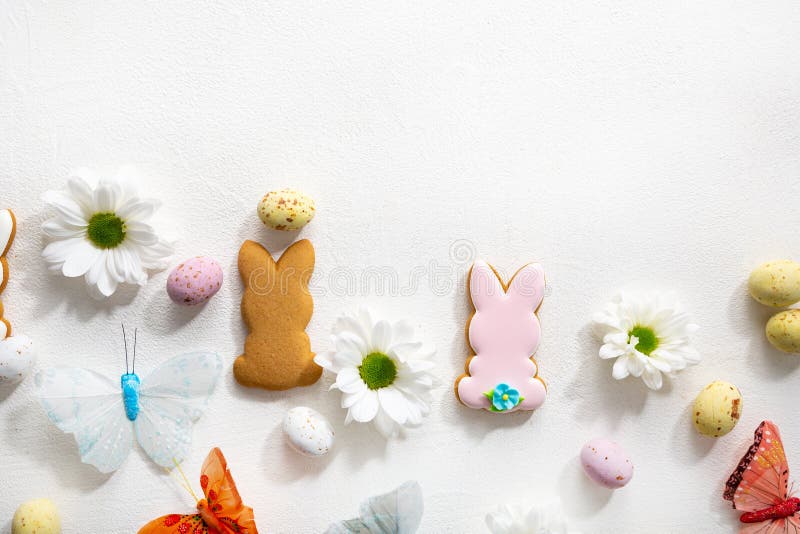 Overhead View of Two Easter Bunny Cookies on Light Surface Spring ...