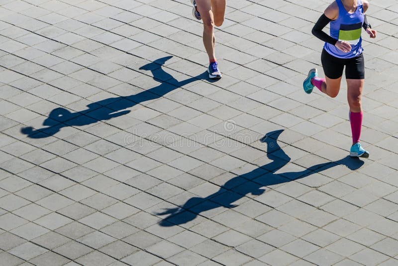 Overhead View Two Female Athletes Running Marathon Race Stock Image ...