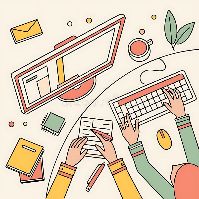 Overhead View of Two Hands Collaborating on a Project Stock Image ...